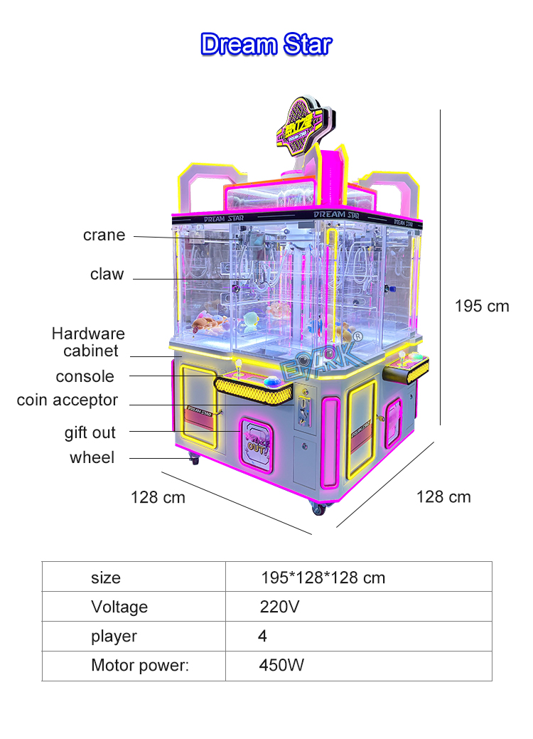 4 Players Coin Operated Dream Star Prize Doll Arcade Crane Claw Machine ...